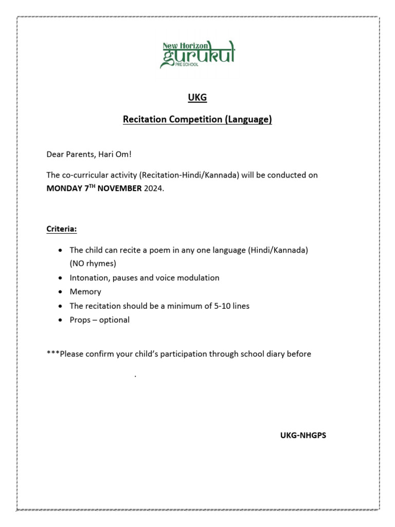 CCA Recitation Competition Language 2024 25 UKG 1728983016 | PDF ...