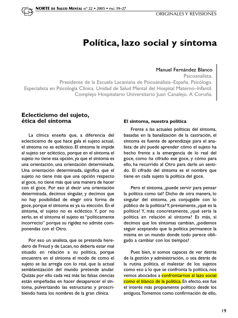 Fernández, Manuel - Política, Lazo Social y Síntoma | PDF | Jacques ...