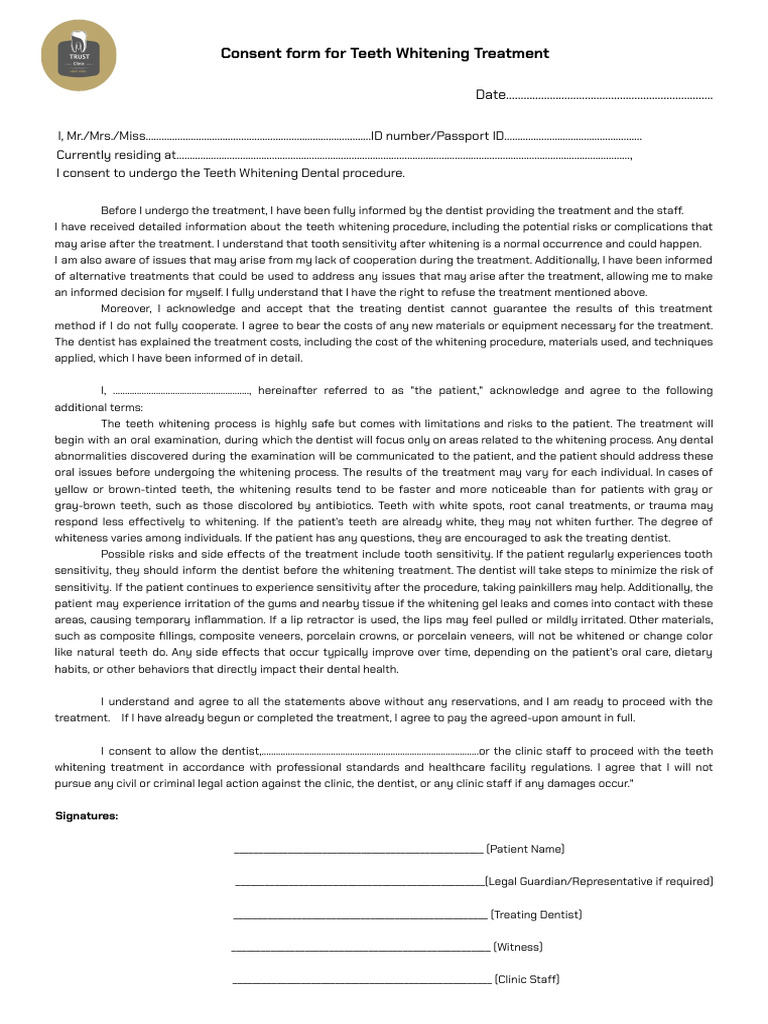 Consent Form For Teeth Whitening Treatment | PDF | Dentistry | Dentist
