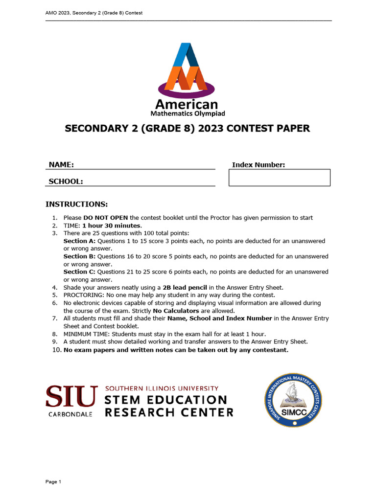 AMO 2023 Secondary 2 Grade 8 Contest Paper | PDF | Area | Mathematics
