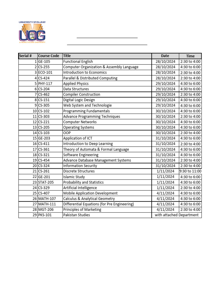 Final Date Sheet Fall 2024 | PDF | Mathematics | Applied Mathematics