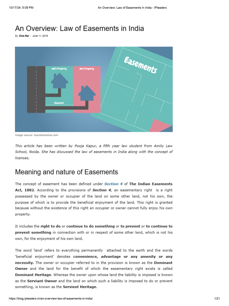 An Overview - Law of Easements in India - Ipleaders | PDF | License | Easement