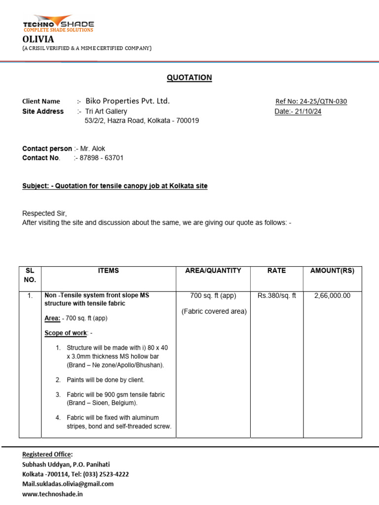 Techno Shade Canopy Quotation | PDF