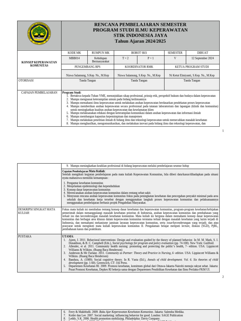 RPS Konsep Keperawatan Komunitas | PDF
