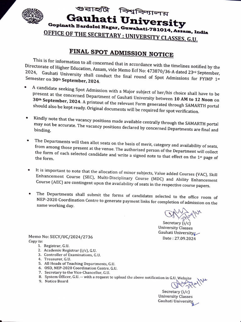 Final Round of Spot Admission Notice For FYIMP | PDF