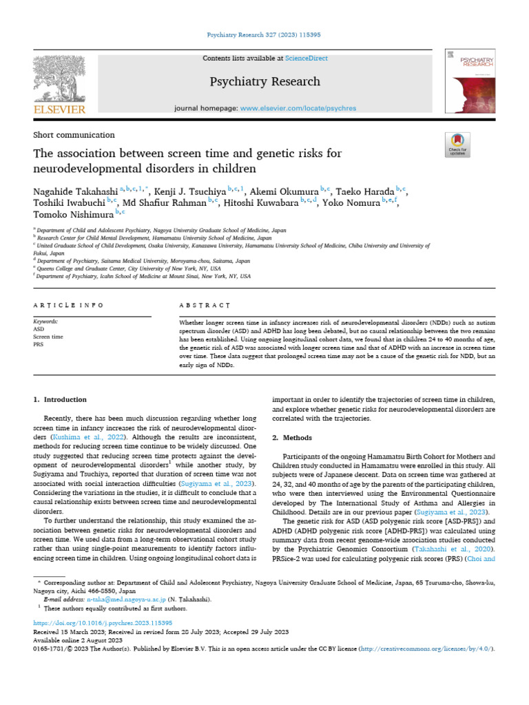 The Association Between Screen Time and Genetic Risks For Neurodevelopmental Disorders in ...