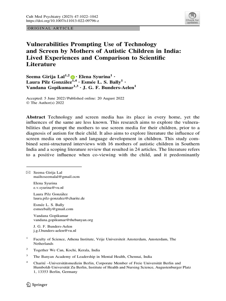 Vulnerabilities Prompting Use of Technology and Screen by Mothers of Autistic Children in India ...