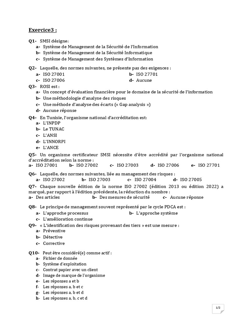 Exercice sur le SMSI et normes ISO | PDF | Sécurité des systèmes d ...