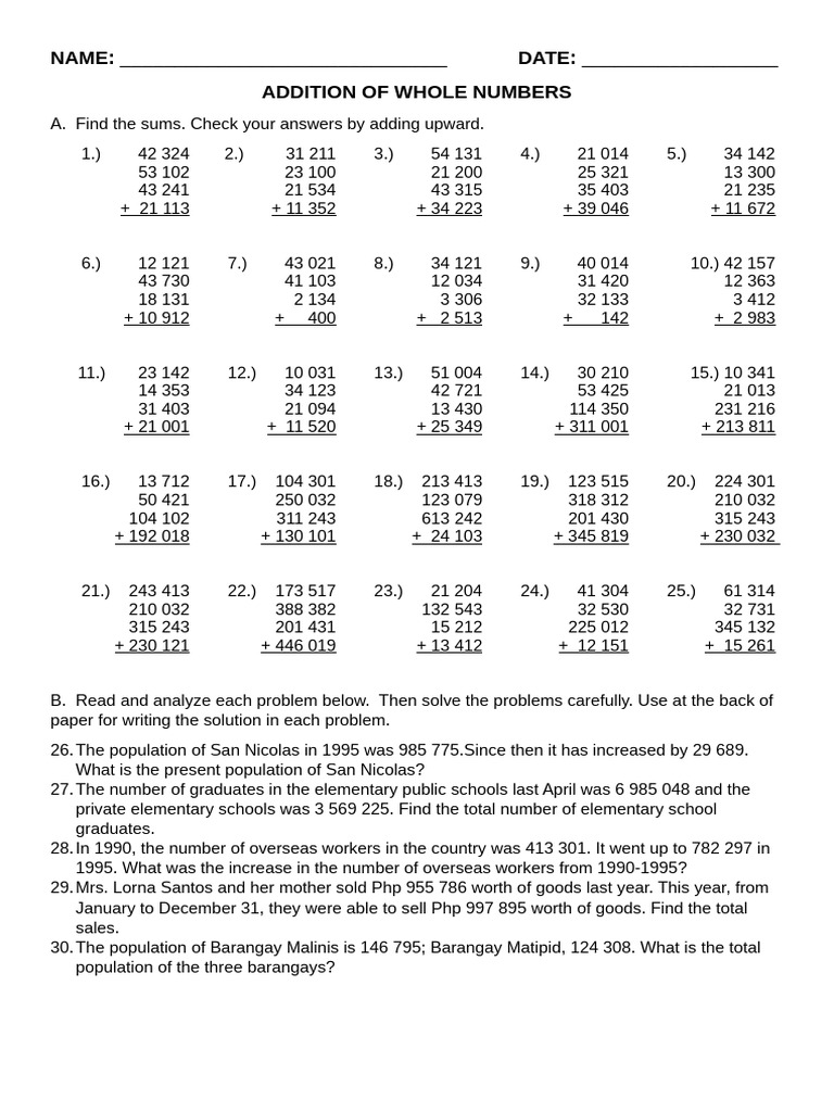 NMP L1 Addition of Whole Numbers | PDF
