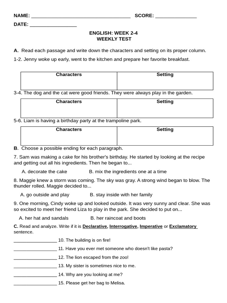 Eng3 Weeklytest 2-4 | PDF