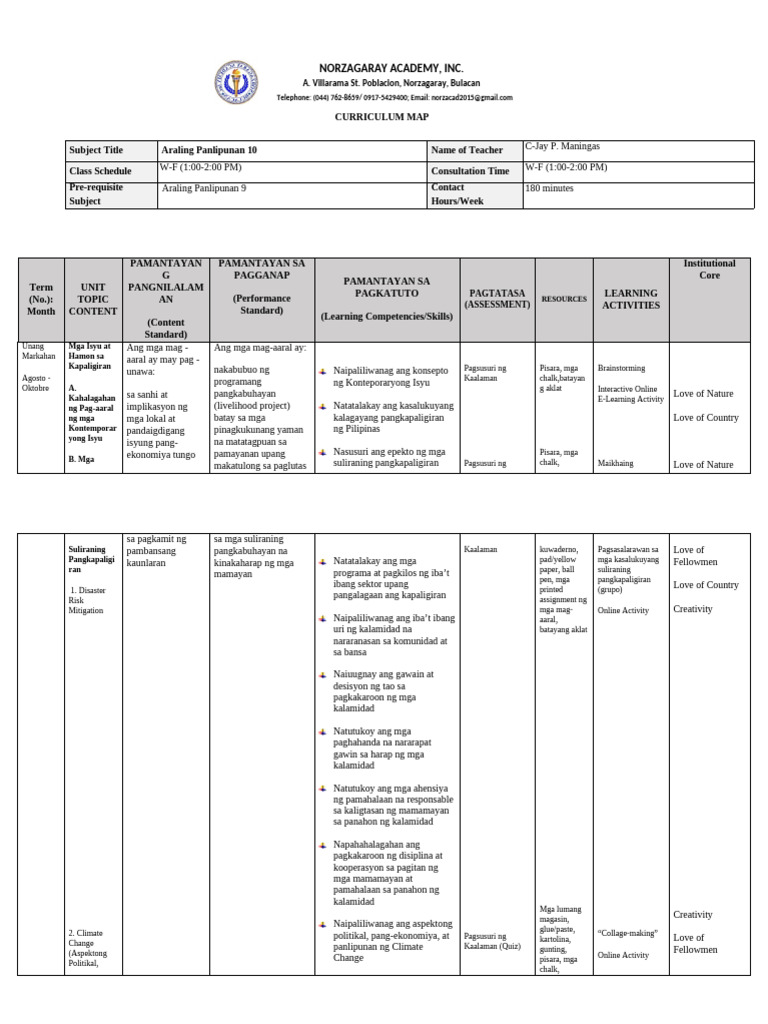 Curriculum Map 10 Araling Panlipunan | PDF
