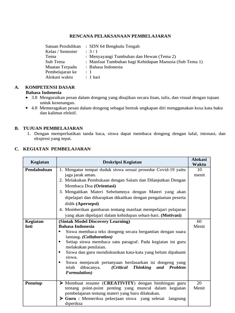 RPP Kelas 3 Tema 2 Subtema 1 1 | PDF
