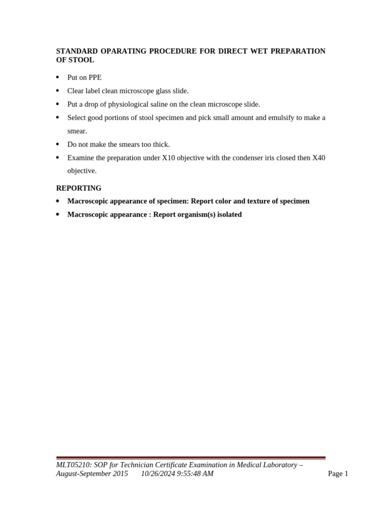 Sop For Direct Wet Preparation of Stool | PDF | Technology & Engineering