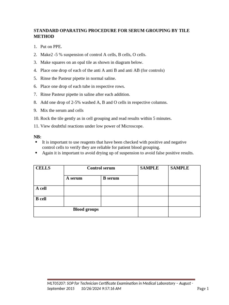 SOP For Serum Group - Tile Method | PDF | Science & Mathematics