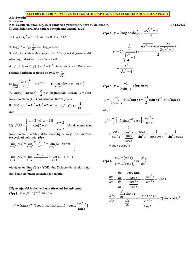 Mat1071 Vize 1 Soruları | PDF