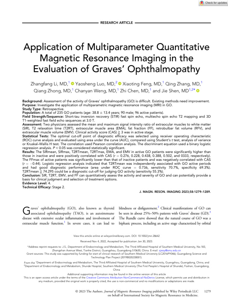 Magnetic Resonance Imaging - 2023 - Li - Application of Multiparameter Quantitative Magnetic ...