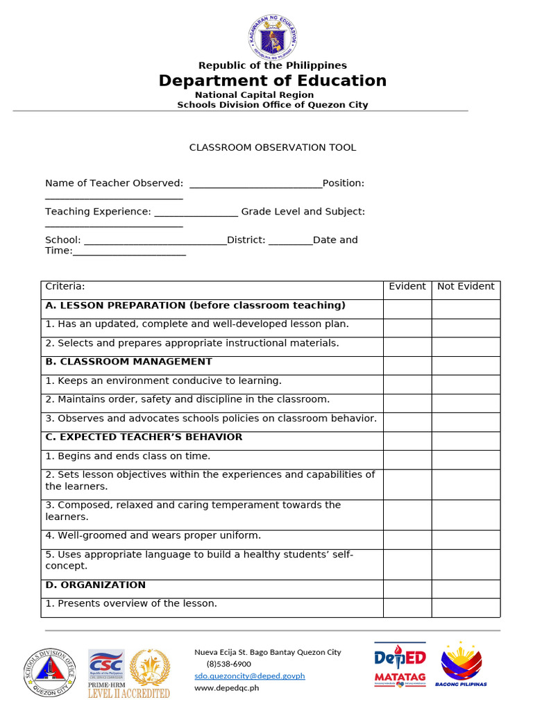 Classroom Observation Tool for Teachers | PDF | Learning | Educational ...