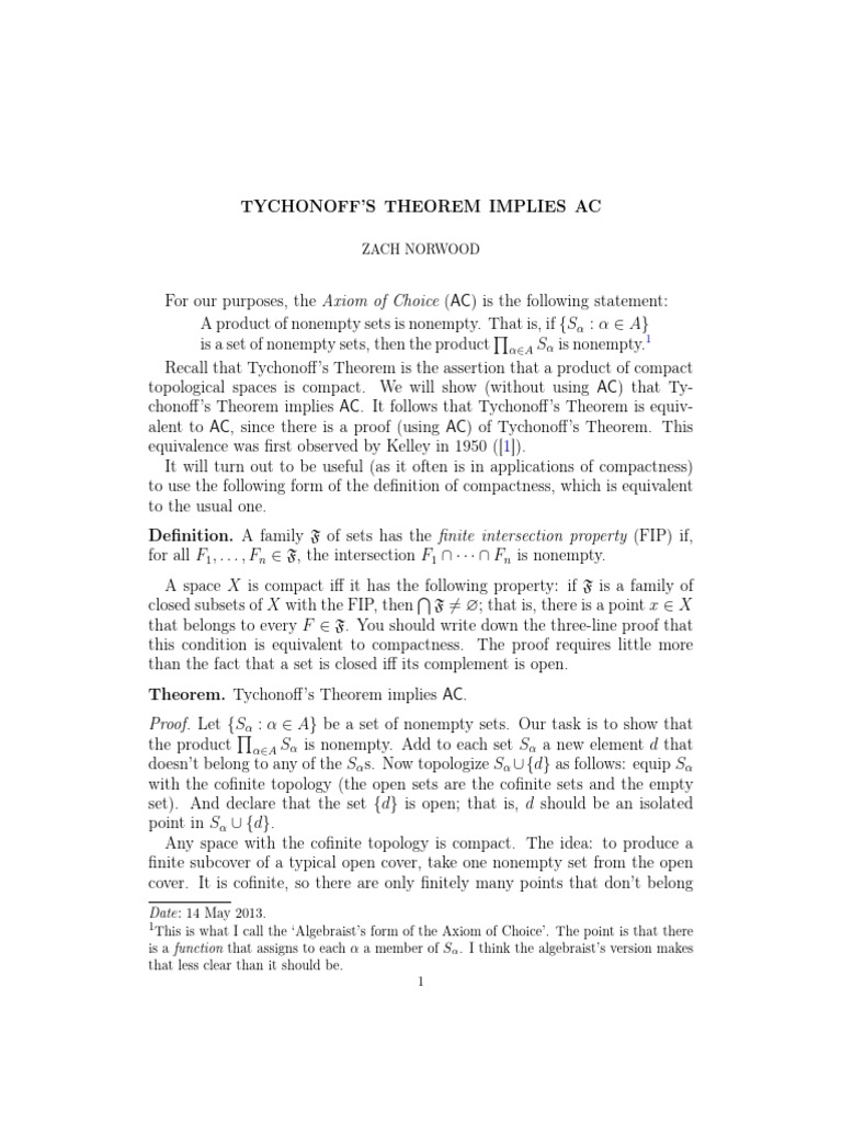 Tychonoff Implies AC | PDF | Compact Space | General Topology