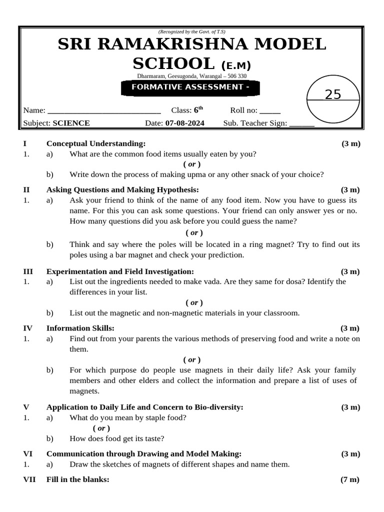 6th Science Fa-1 2024-25 | PDF | Magnet