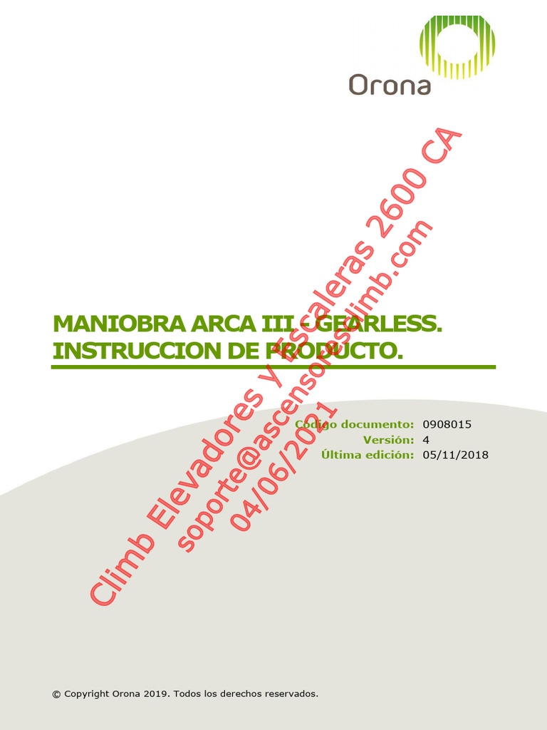 Maniobra Arca III Gearless, Instrucciones de Producto | PDF | Ascensor | Bienes manufacturados