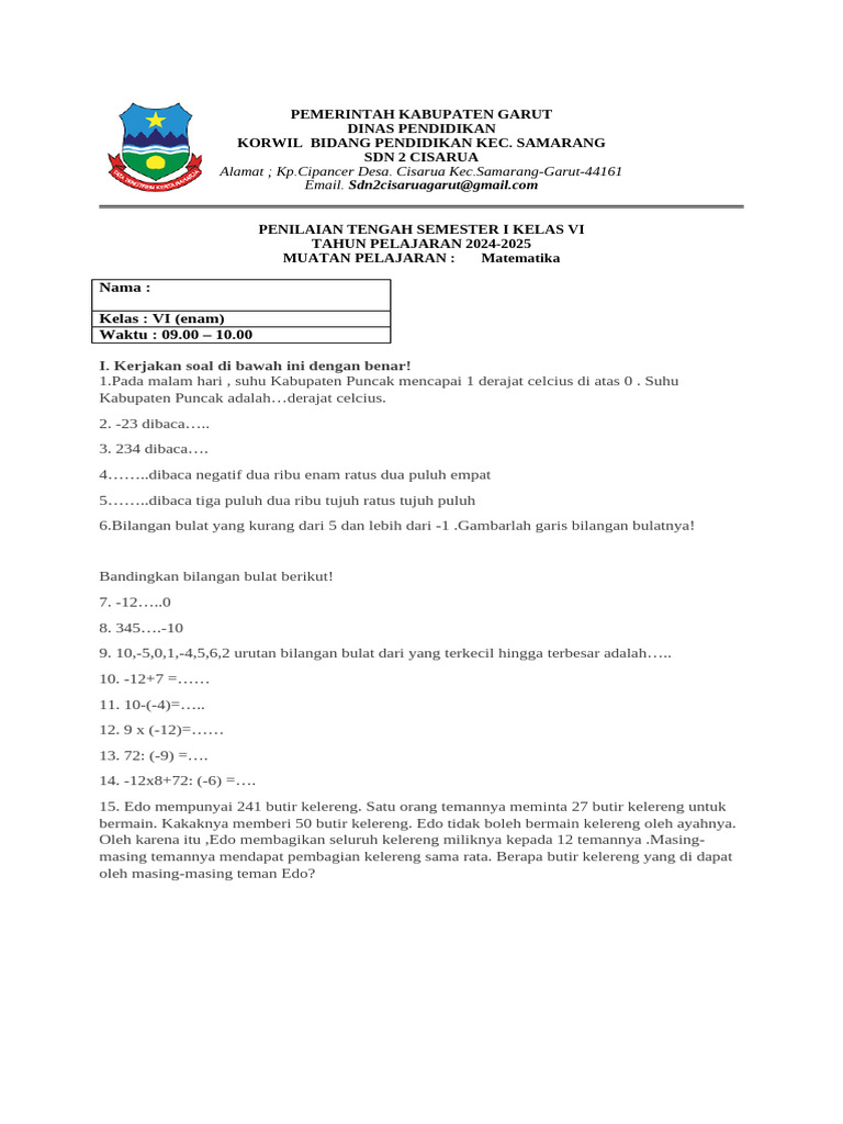 Penilaian Matematika Kelas VI Garut | PDF | Metode & Bahan Ajar