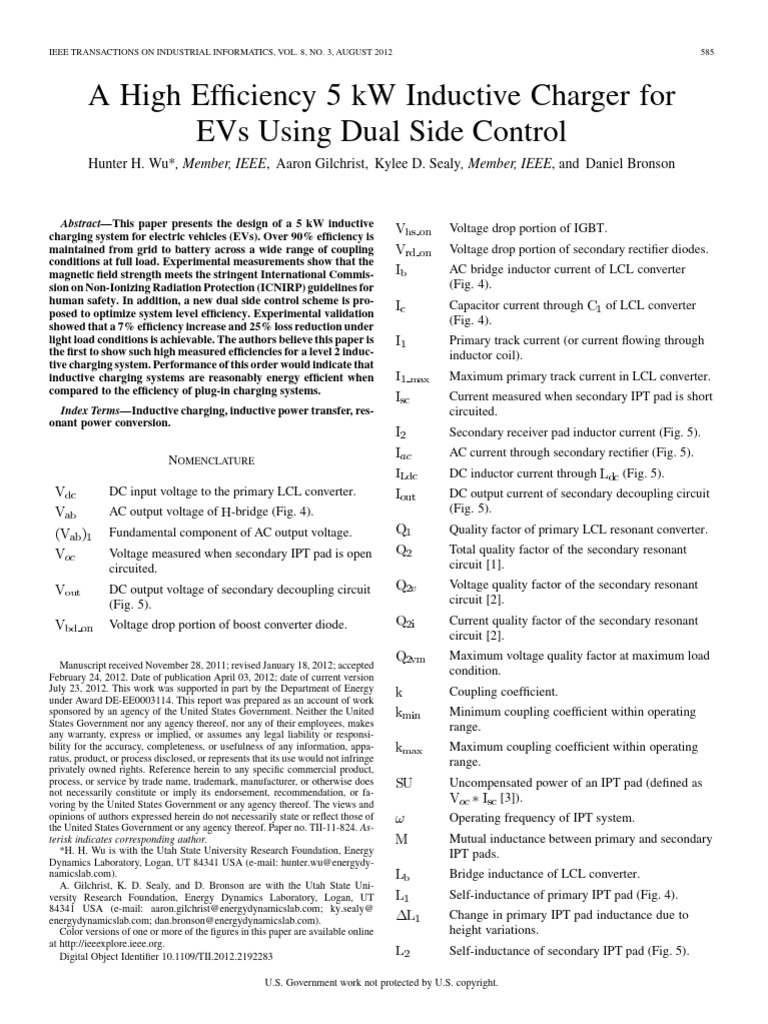 A High Efficiency 5 KW Inductive Charger For EVs Using Dual Side Control | PDF | Inductor ...