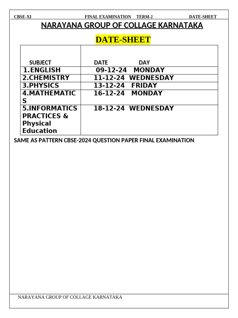 Narayana School Final Exam Schedule | PDF