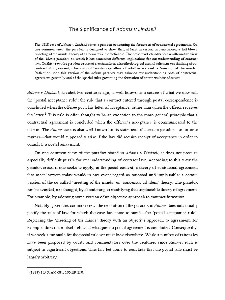 Significance of Adams V Lindsell | PDF | Offer And Acceptance | Intention