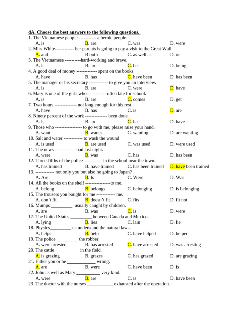 English Grammar Quiz: Subject-Verb Agreement | PDF