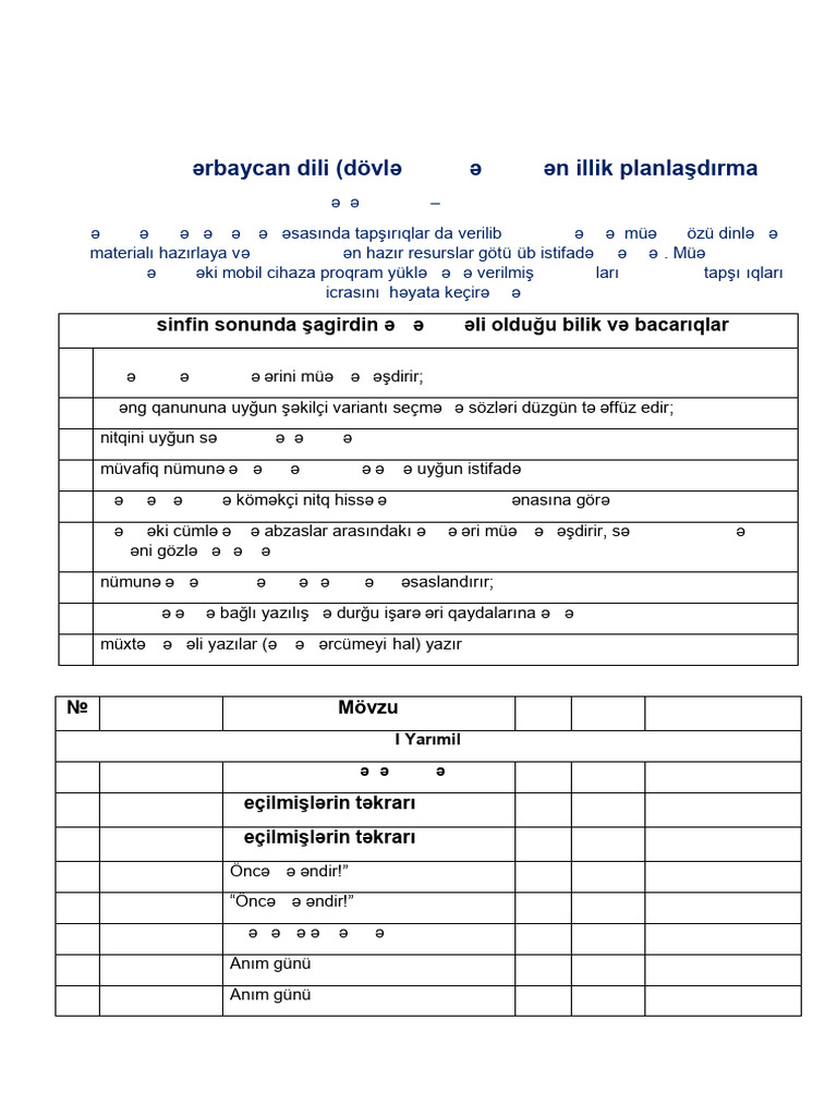 7-Ci Sinif Azərbaycan Dili Dövlət Dili 3 Saat Kimi-Illik Plan | PDF