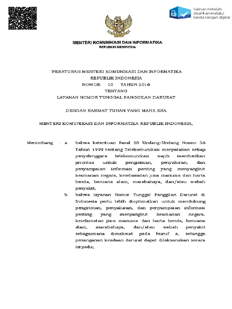 Permen Kominfo TTG Layanan Nomor Tunggal Panggilan Darurat - Signed ... Permen Kominfo TTG Layanan Nomor Tunggal Panggilan Darurat - Signed ...