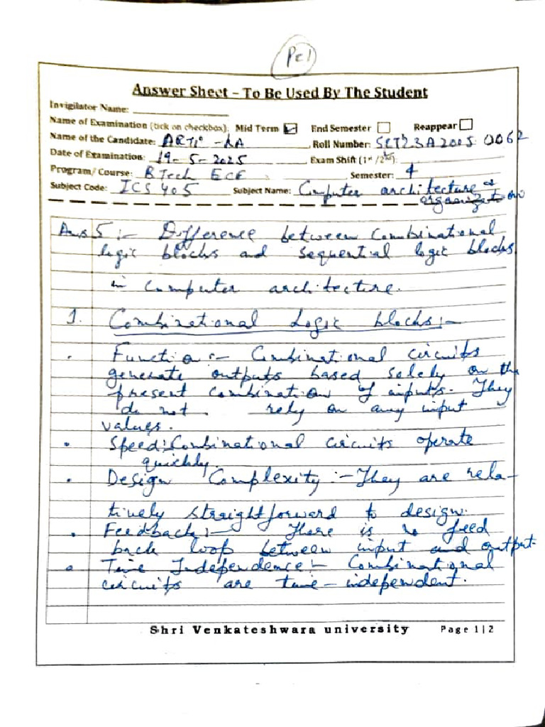 Computer Architecture and Organisation Exam - Arti | PDF
