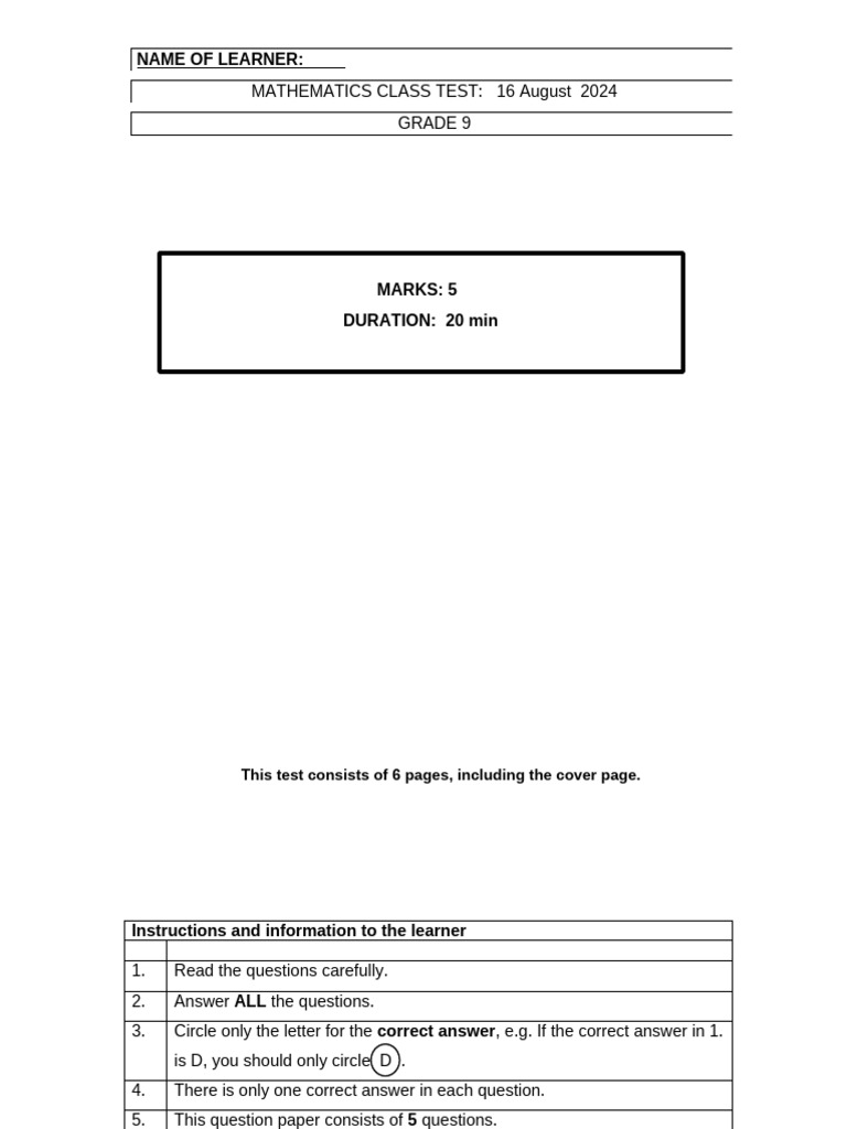 GRADE 9 CLASS TEST 16 August 2024 | PDF | Triangle | Classical Geometry