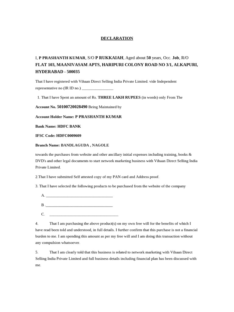 Declaration: P Prashanth Kumar | PDF | Business
