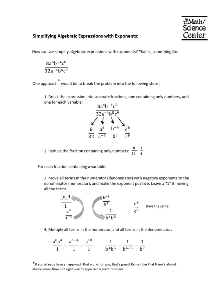 Simplifying Algebraic Expressions With Exponents | PDF | Elementary ...