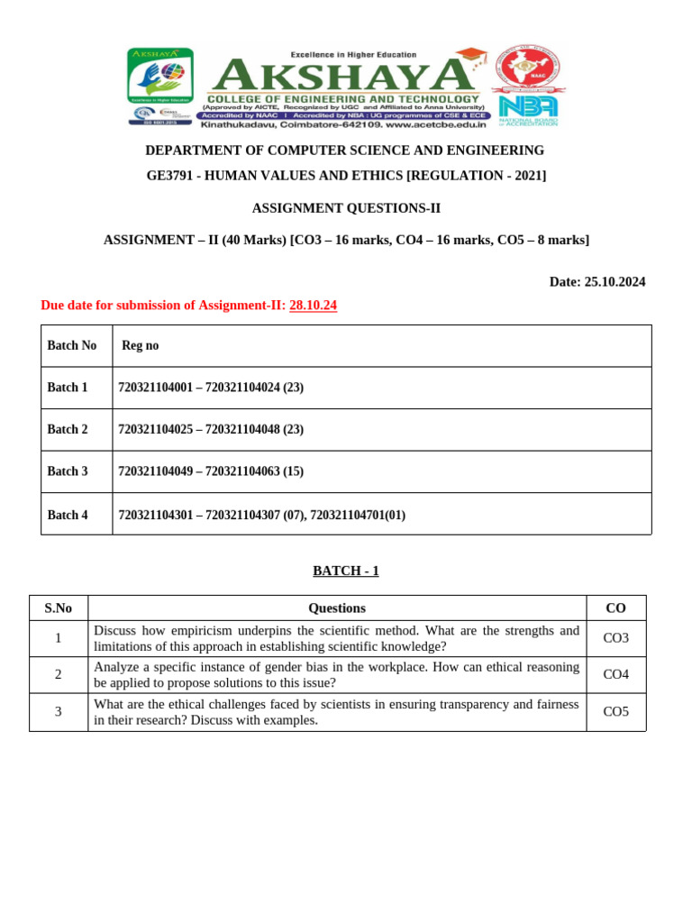 HVE Assignment - 2-Cse Dept | PDF | Knowledge | Science