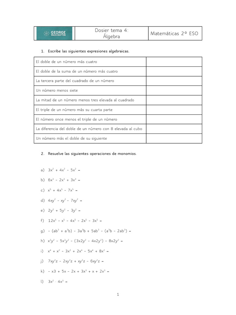 Dosier álgebra | PDF | Álgebra | Matemáticas