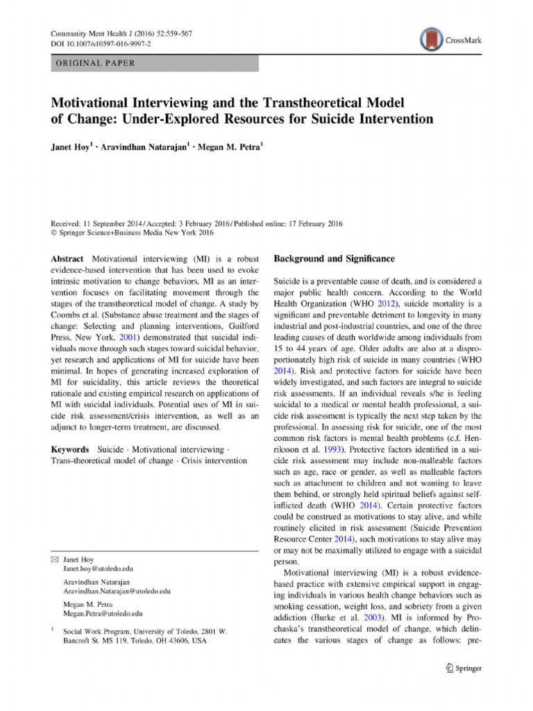 Motivational Interviewing and The Transtheoretical Model of Change | PDF