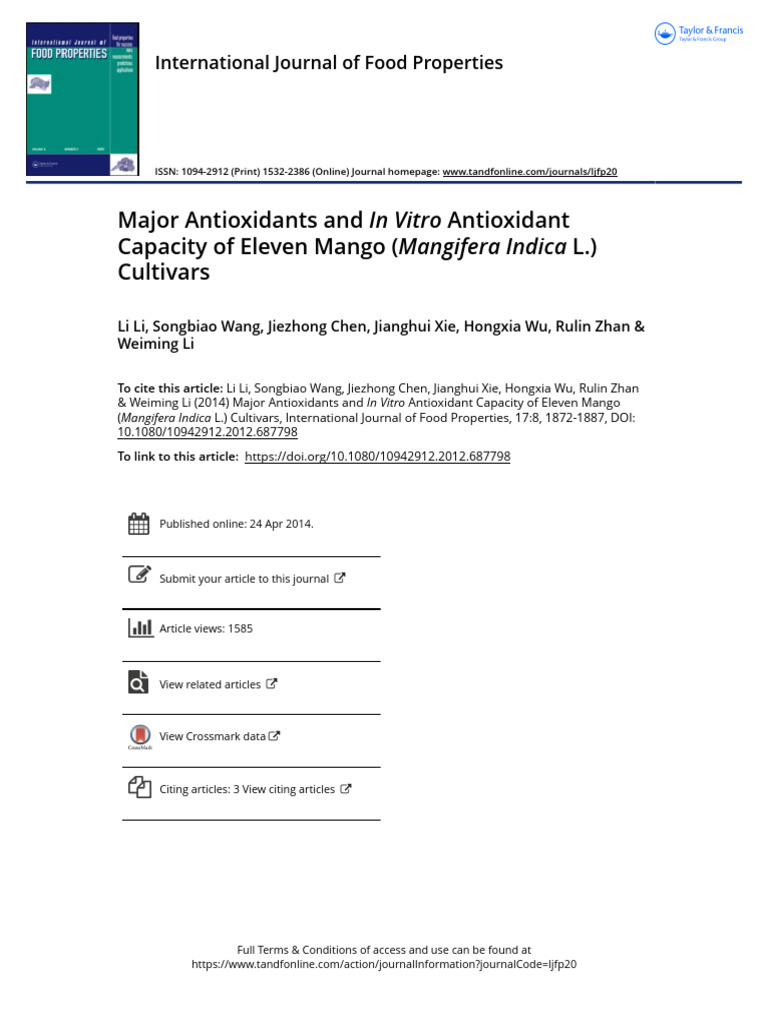 Major Antioxidants and in Vitro Antioxidant Capacity of Eleven Mango ...