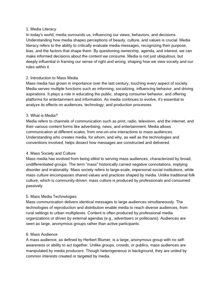 media literacy notes | PDF | Mass Media | Communication