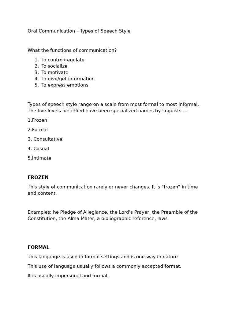 Types of Speech Styles Handouts | PDF