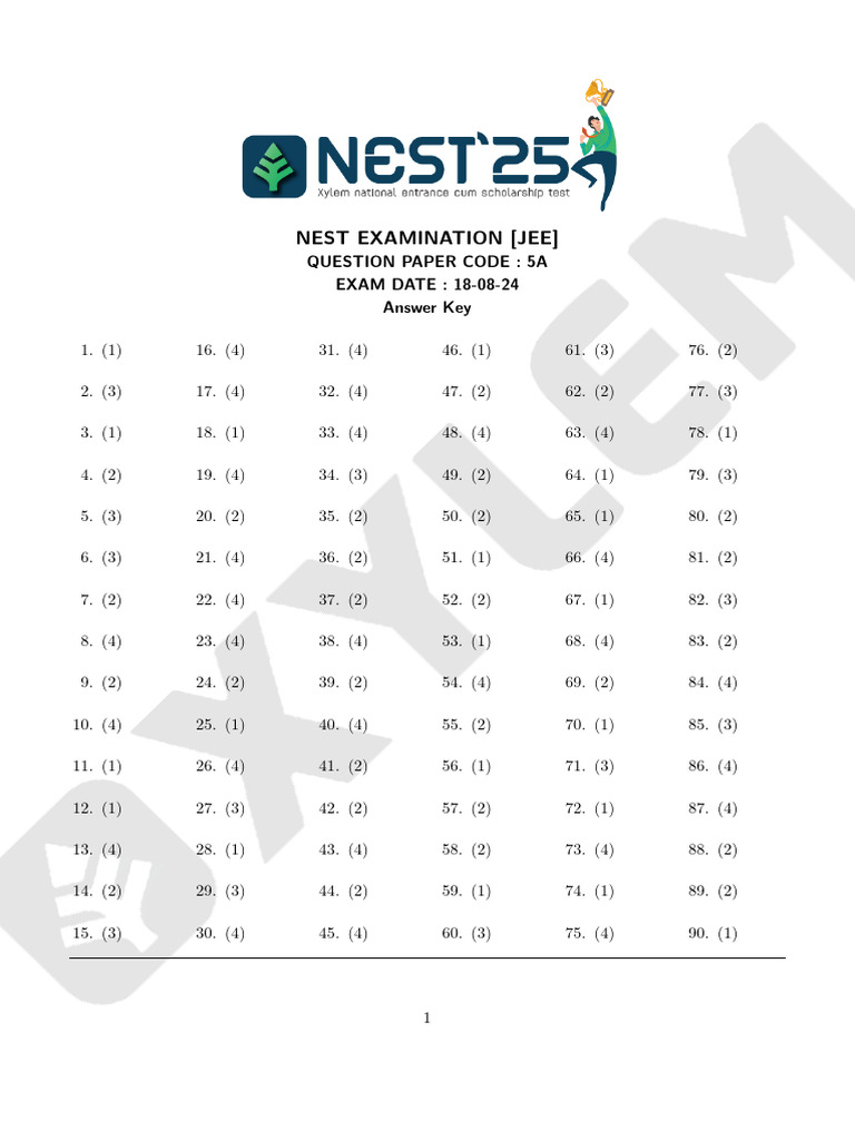 Nest-25 Examination-1 Jee Answe-Key | PDF