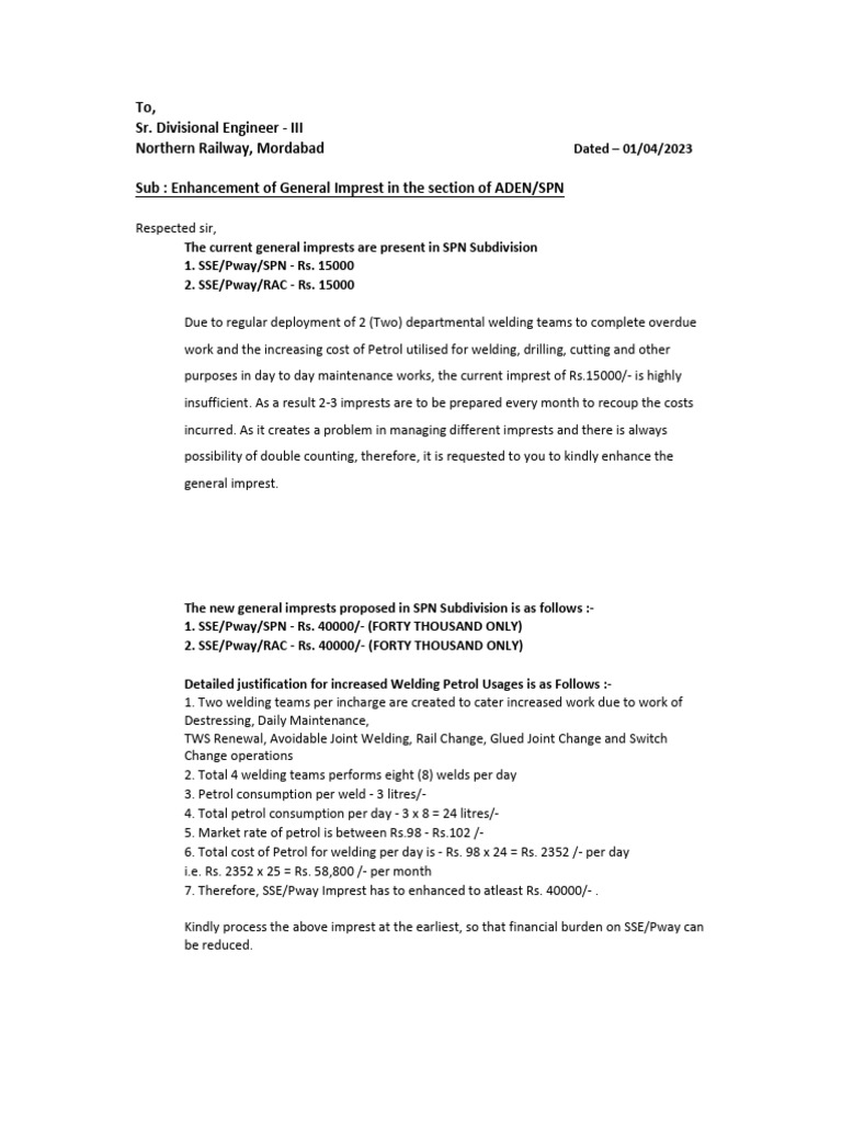 Request to Enhance General Imprest Amount | PDF | Rail Transport