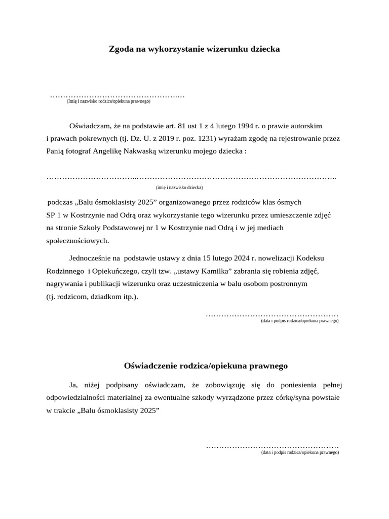 Zgoda Na Wykorzystanie Wizerunku Dziecka | PDF