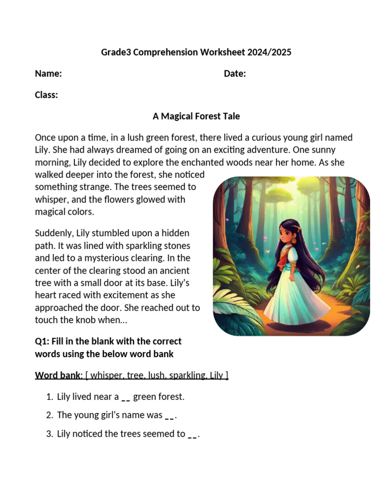 Grade 3 Magical Forest Comprehension Worksheet | PDF | General Fiction
