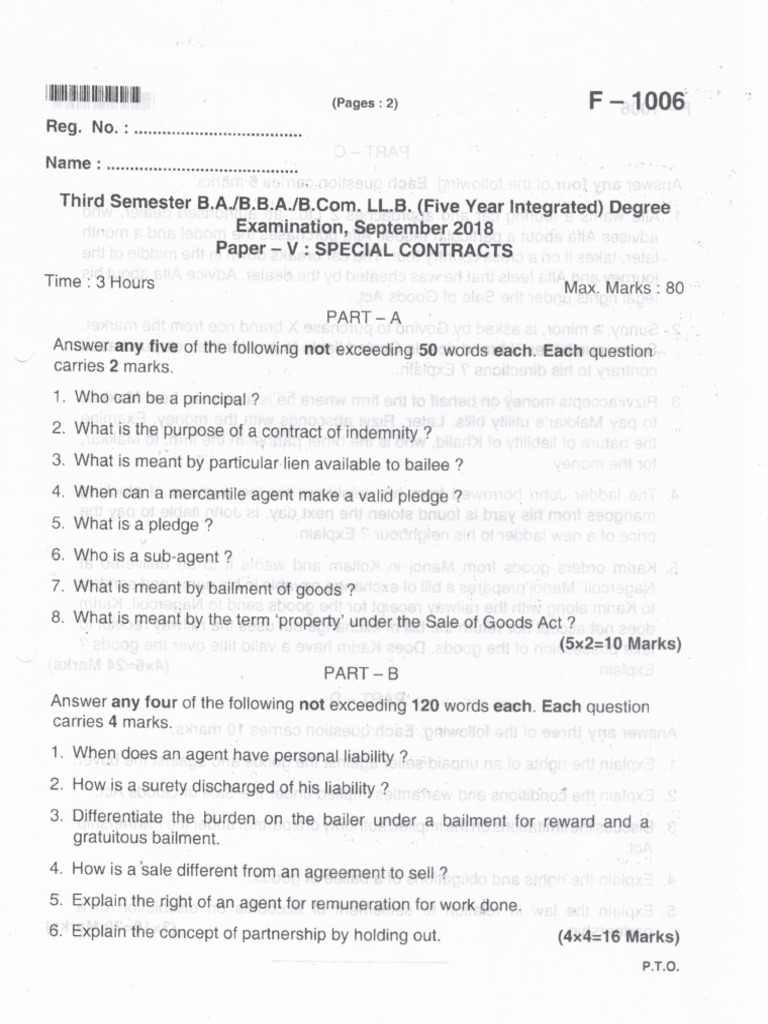 Contracts BA BBA BCom Sept 2018 III Sem3 | PDF