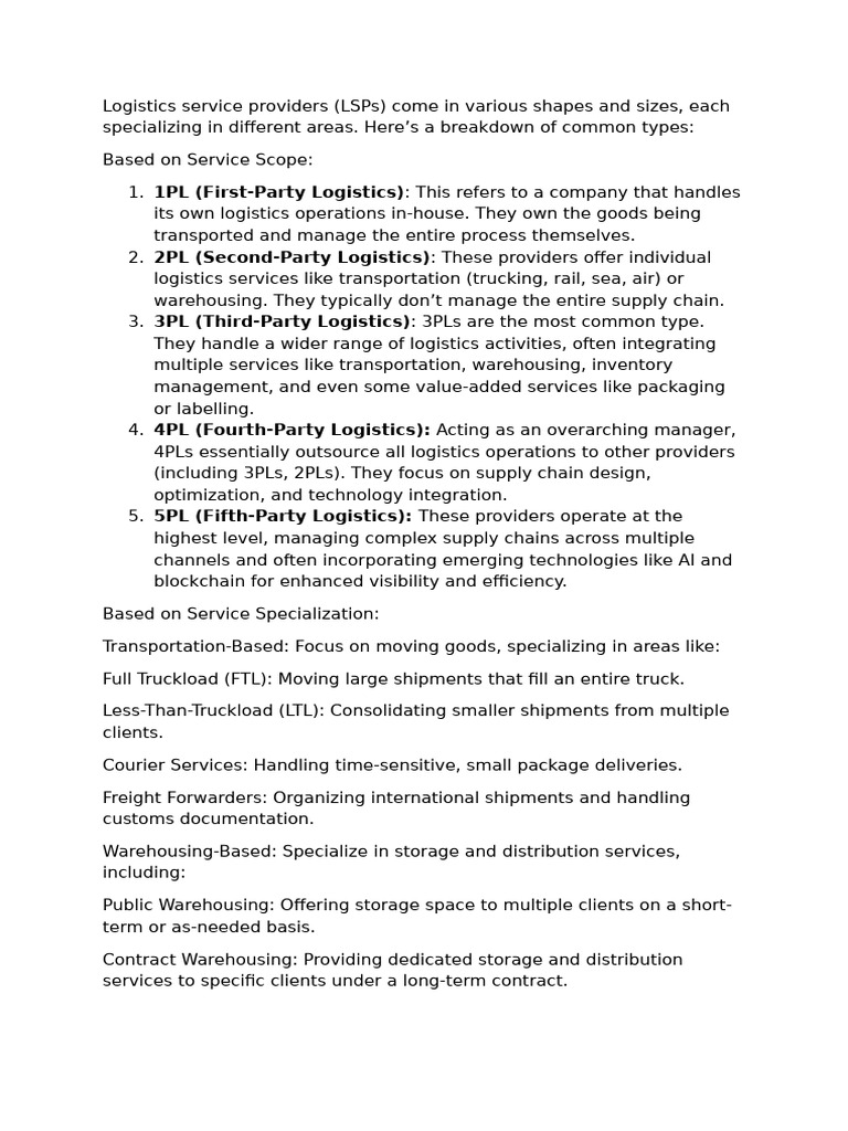 types of logistics service providers | PDF | Logistics | Freight Transport