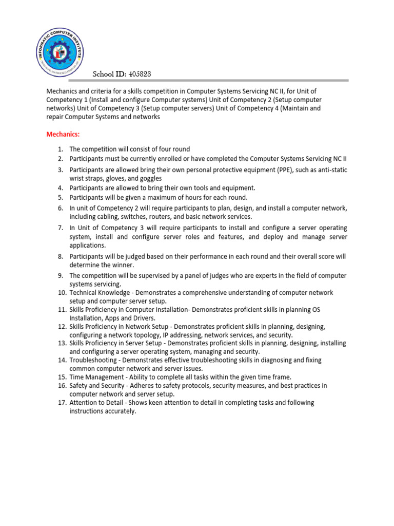 Mechanics and Criteria For A Skills Competition in Computer Systems ...