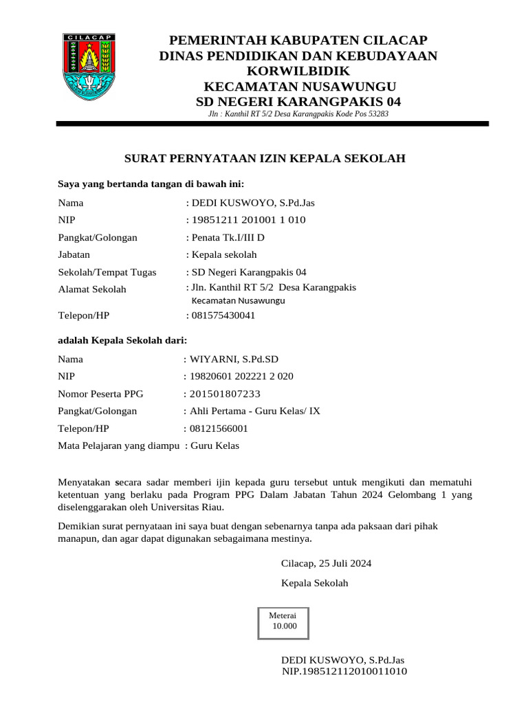 Format-Surat-Ijin-Kepala-Sekolah PUJI | PDF