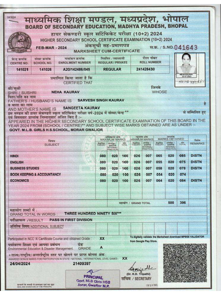 Neha 12TH Marksheet | PDF